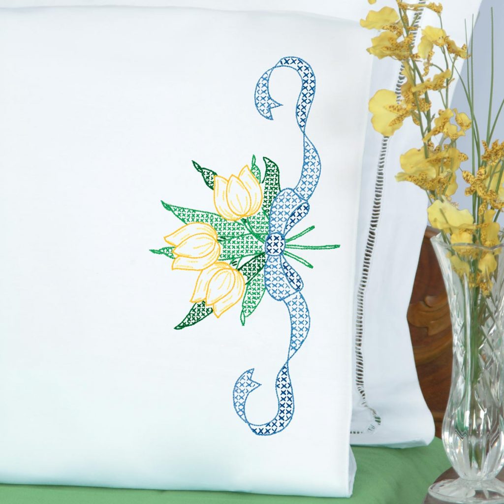 Tulips & Ribbon Pillowcases - Jack Dempsey Needle Art